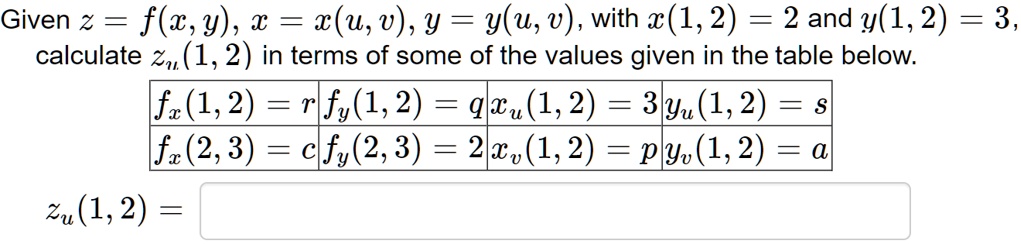 given z fxy x xu v y yu with x12 2 and y12 3 calculate 2u12 in terms of some of the values given ...
