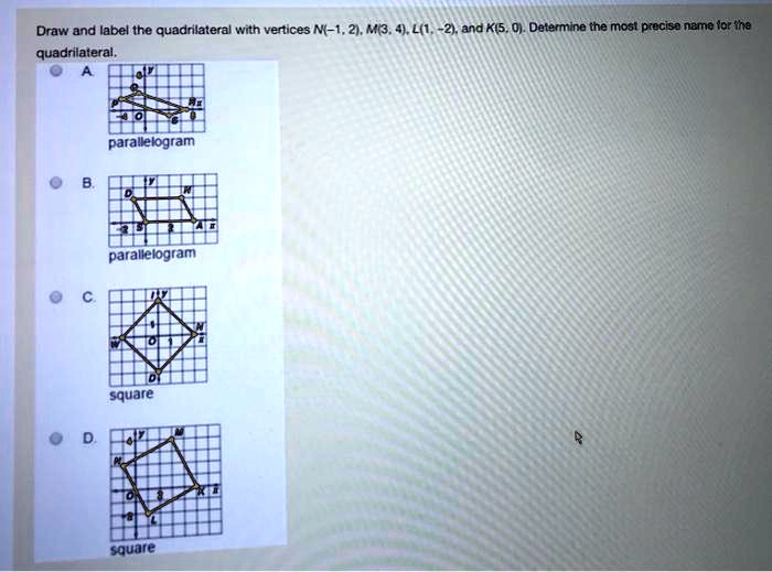 SOLVED: Draw and label the quadrilateral with vertices M(-1,2), M(3,4), L(1,-2), and K(5,0 ...