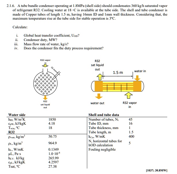 SOLVED: A tube bundle condenser operating at 1.8 MPa (shell side ...