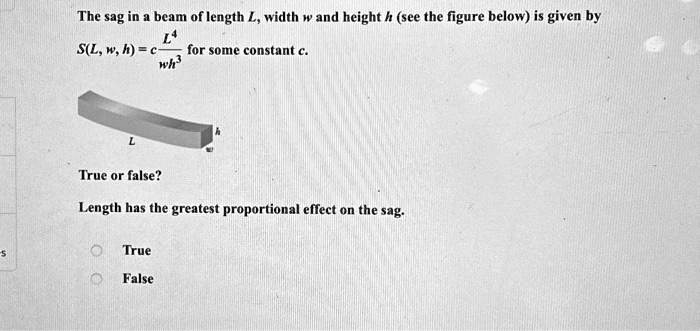 SOLVED: The sag in a beam of length L, width w, and height h (see the ...