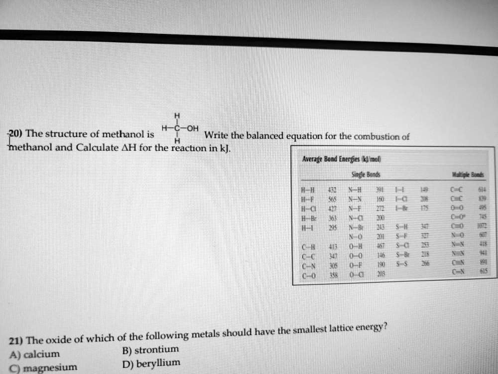 SOLVED: Z0) The structure of methanol is H-COH Write the balanced ...