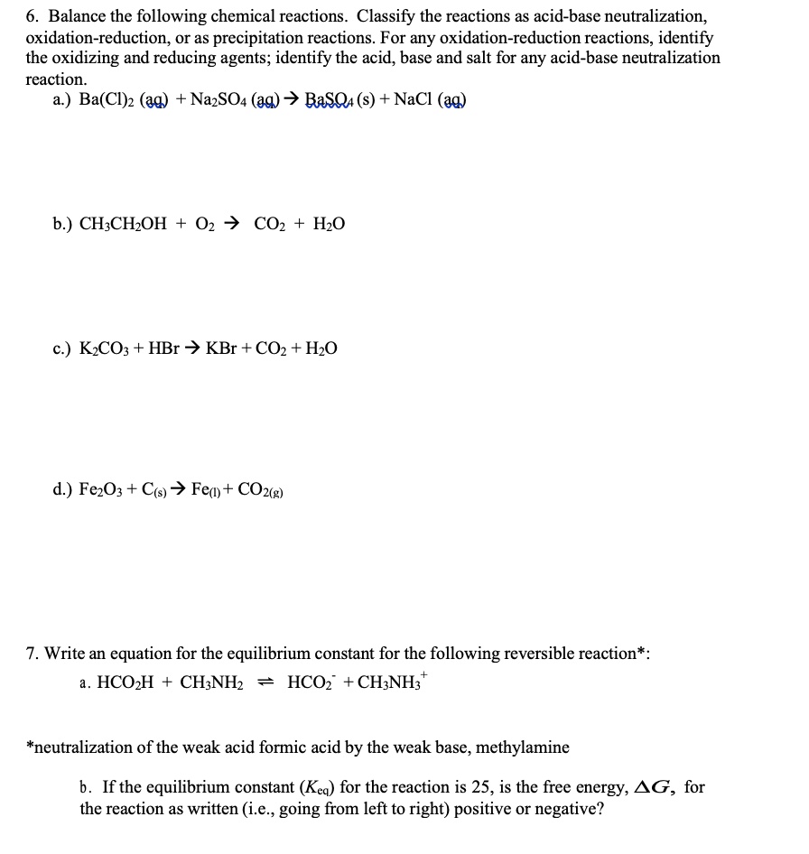SOLVED:Balance the following chemical reactions_ Classify the reactions ...