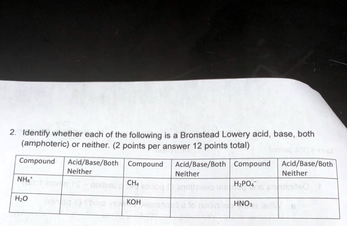 SOLVED: Identify whether each of the following Is a Bronstead Lowery acid, base, both ...