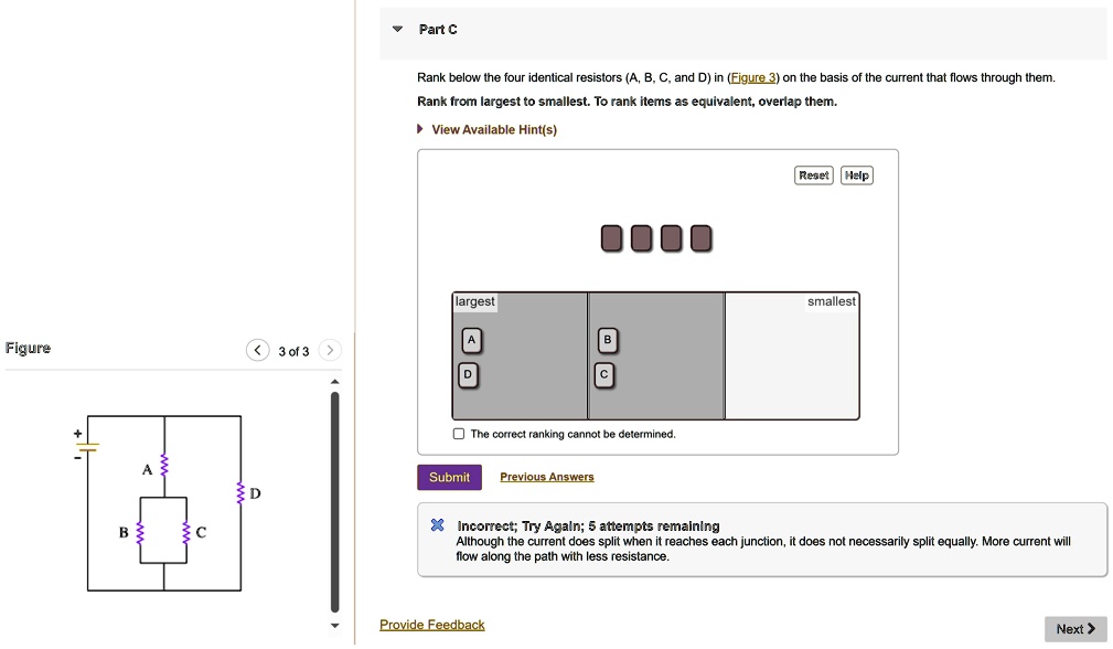 Figure Part C Rank below the four identical resistors (A, B, C, and D ...