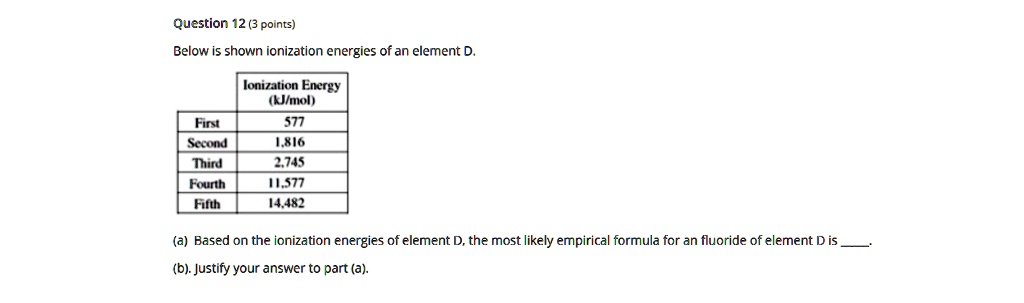 SOLVED: Text: Question 12 (3 points) Below is shown ionization energies ...