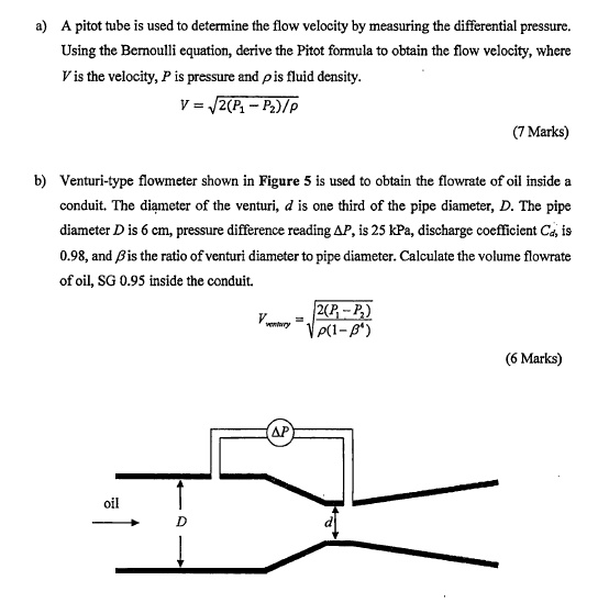 a) A pitot tube is used to determine the flow velocity by measuring the differential pressure ...