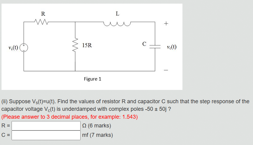 Figure 1 (ii) Suppose VS(t)=u(t). Find the values of resistor R and capacitor C such that the ...