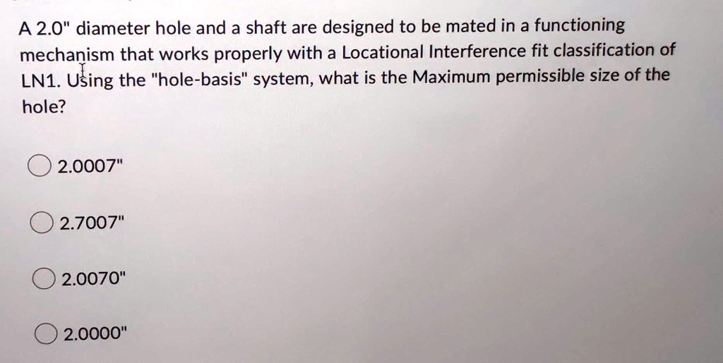 A 2.0" diameter hole and a shaft are designed to be mated in a ...