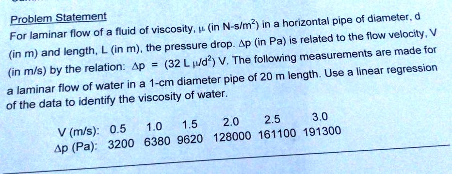 SOLVED: Problem Statement: For laminar flow of a fluid of viscosity (in N-s/m^2) in a horizontal ...