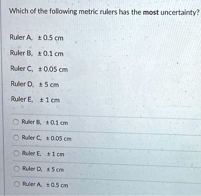 SOLVED: Which of the following metric rulers has the most uncertainty ...