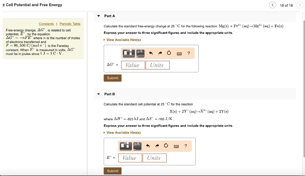 SOLVED: # Cell Potential and Free Energy 18 of 18 Part A Constants Perodic Tabla Free-energy ...
