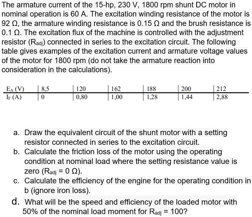 SOLVED: The armature current of the 15-hp, 230 V, 1800 rpm shunt DC ...