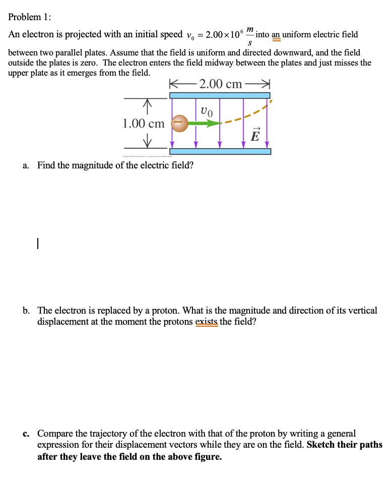 SOLVED: An electron is projected with an initial speed Vo = 2.00x10^6 into a uniform electric ...