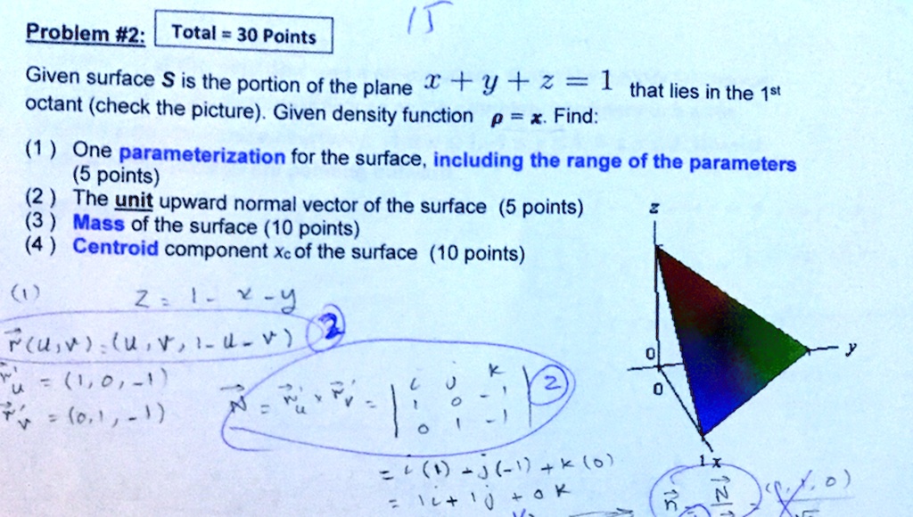 Problem #2: Total = 30 Points Given surface S is the portion of the plane x + y + z = 1 that ...