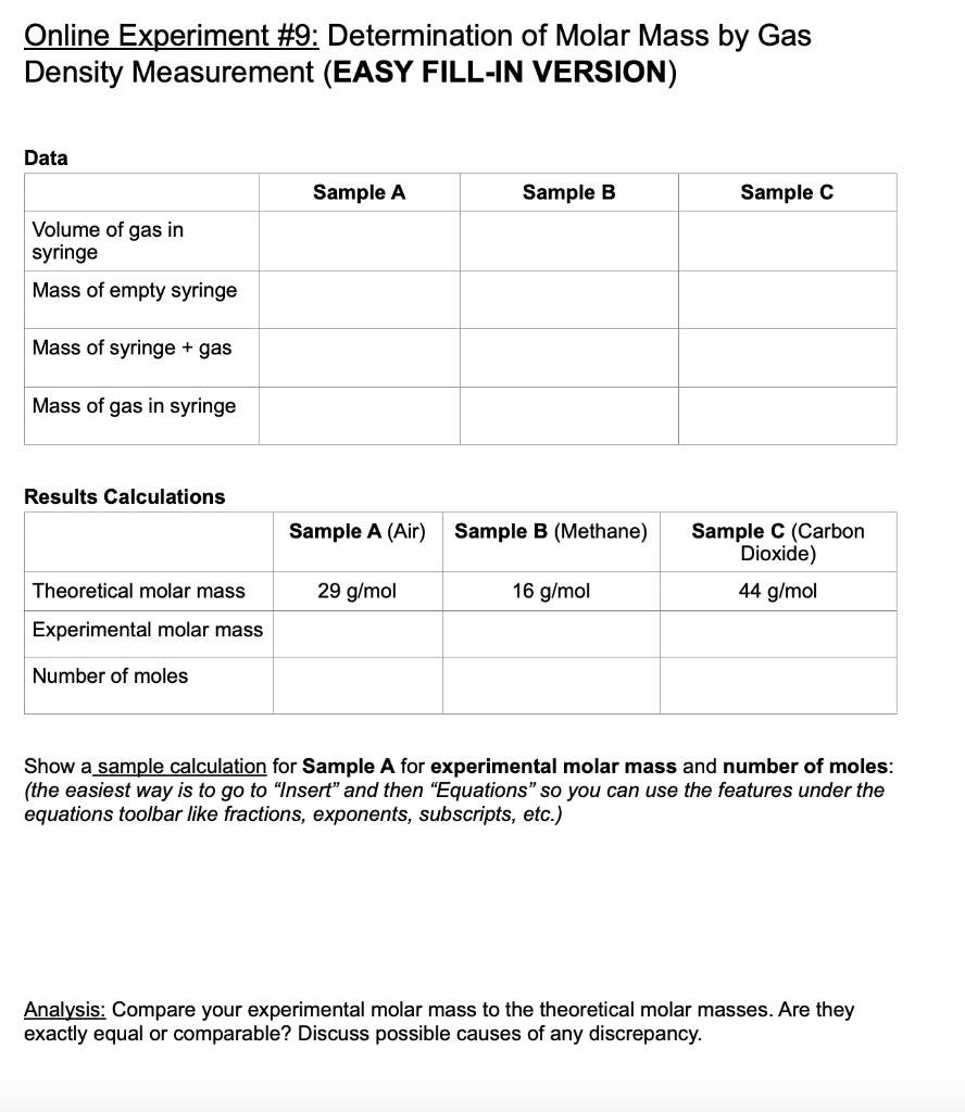 Online Experiment #9: Determination of Molar Mass by Gas Density ...