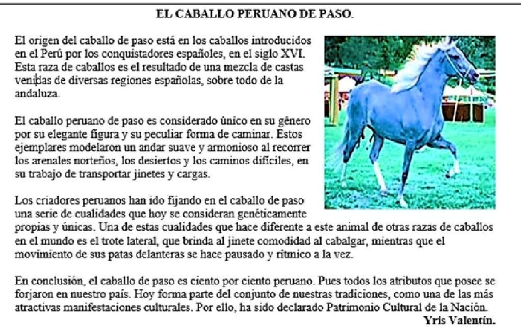 SOLVED: Hay esta el texto ayúdenme por favor EL CABALLO PERUANO DE PASO ...
