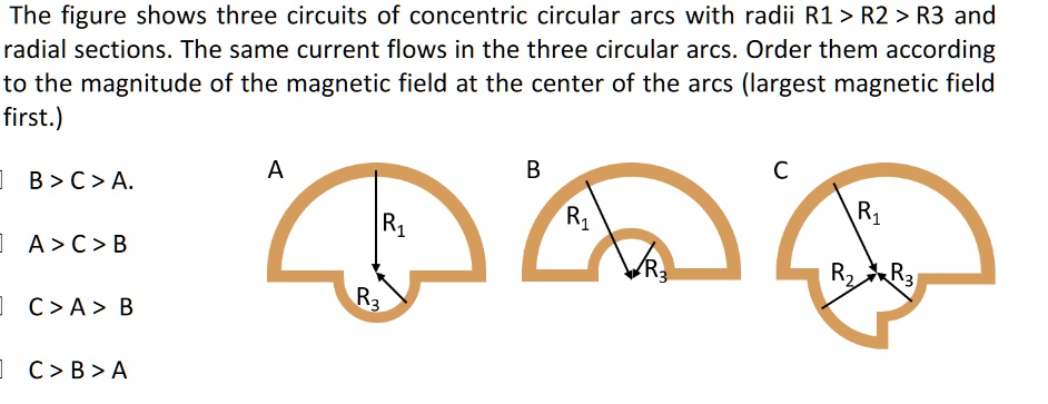 The figure shows three circuits of concentric circular arcs with radii R1 > R2 > R3 and radial ...