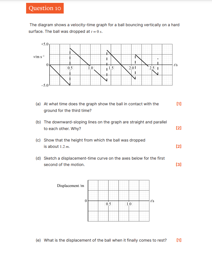 Question 10 The diagram shows a velocity-time graph for a ball bouncing ...