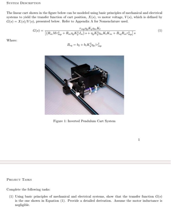 SYSTEM DESCRIPTION The linear cart shown in the figure below can be ...