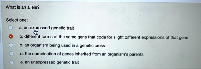 SOLVED: What is an allele? Select one: a. an expressed genetic trait different forms of the same ...