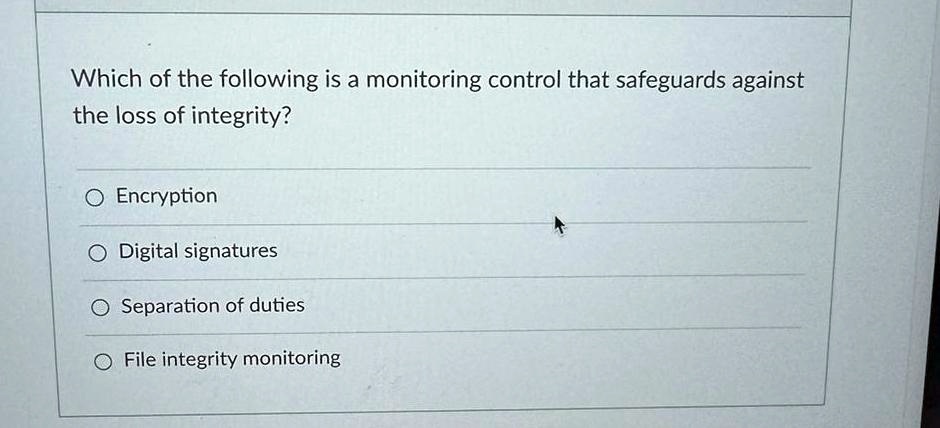 SOLVED: Which of the following is a monitoring control that safeguards ...