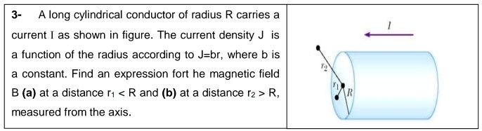 long cylindrical conductor of radius r carries current as shown in figure the current density j ...
