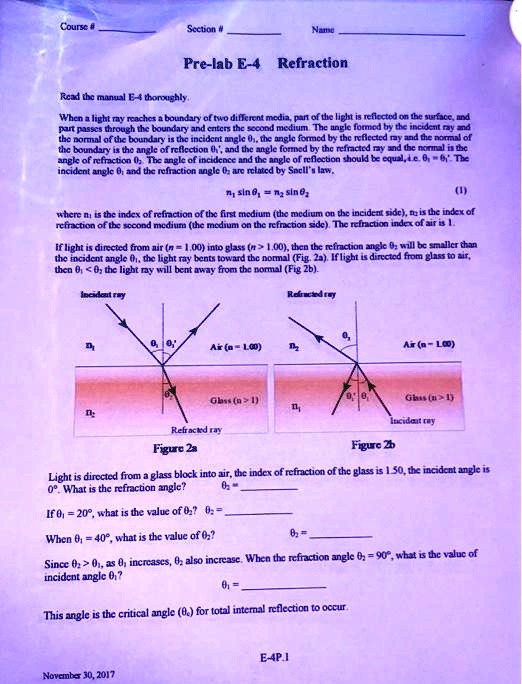 SOLVED: Nar Pre-lab E-4 Refraction When a light ray reaches a boundary ...