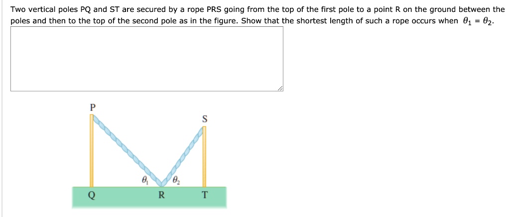 SOLVED: Two vertical poles PQ and ST are secured by rope PRS going from ...