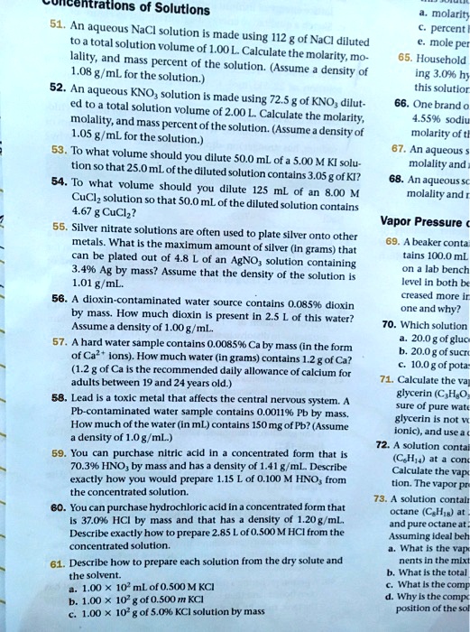 SOLVED:blicentrations of Solutlons molarit} An aqueous NaCI solution is percent toa total ...