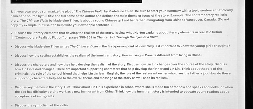 SOLVED: In your own words summarize the plot of The Chinese Violin by ...