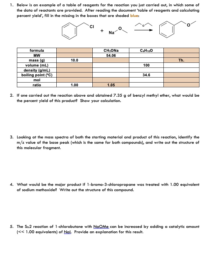 below example of table of reagents for the reaction you just carried out in which some of the ...