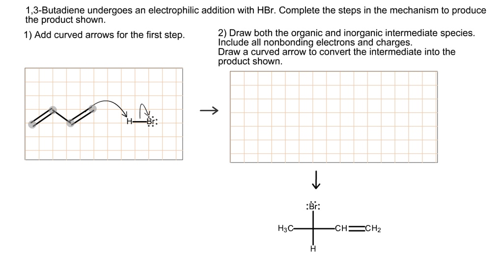 SOLVED: 1,3-Butadiene undergoes an electrophilic addition with HBr. Complete the steps in the ...