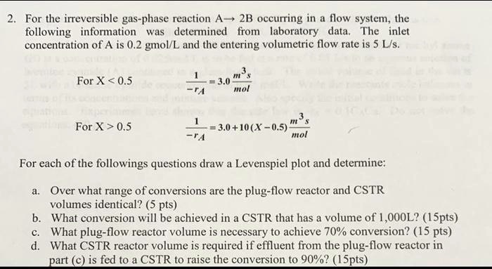 SOLVED: 2. For the irreversible gas-phase reaction A -> 2B occurring in a flow system, the ...