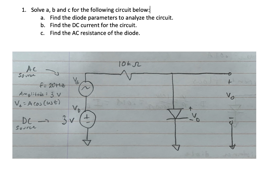 SOLVED: Solve a, b, and c for the following circuit below: a. Find the diode parameters to ...