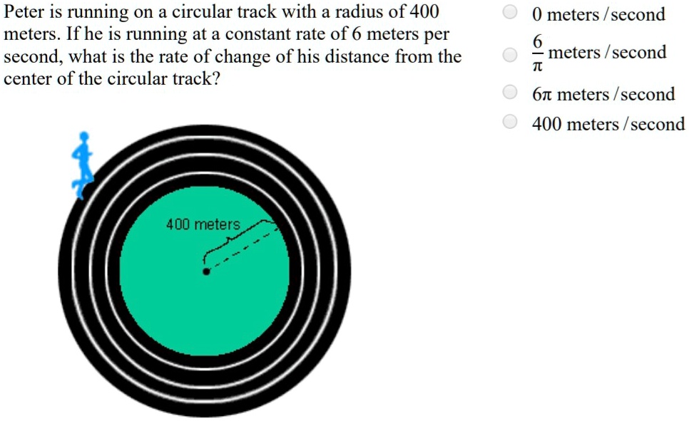peter is running on a circular track with radius of 400 meters ifhe is ...