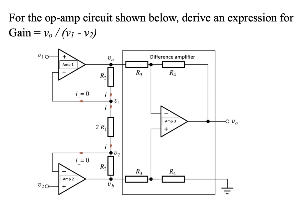 SOLVED: For the op-amp circuit shown below, derive an expression for Gain = vo / (v1 - v2 ...