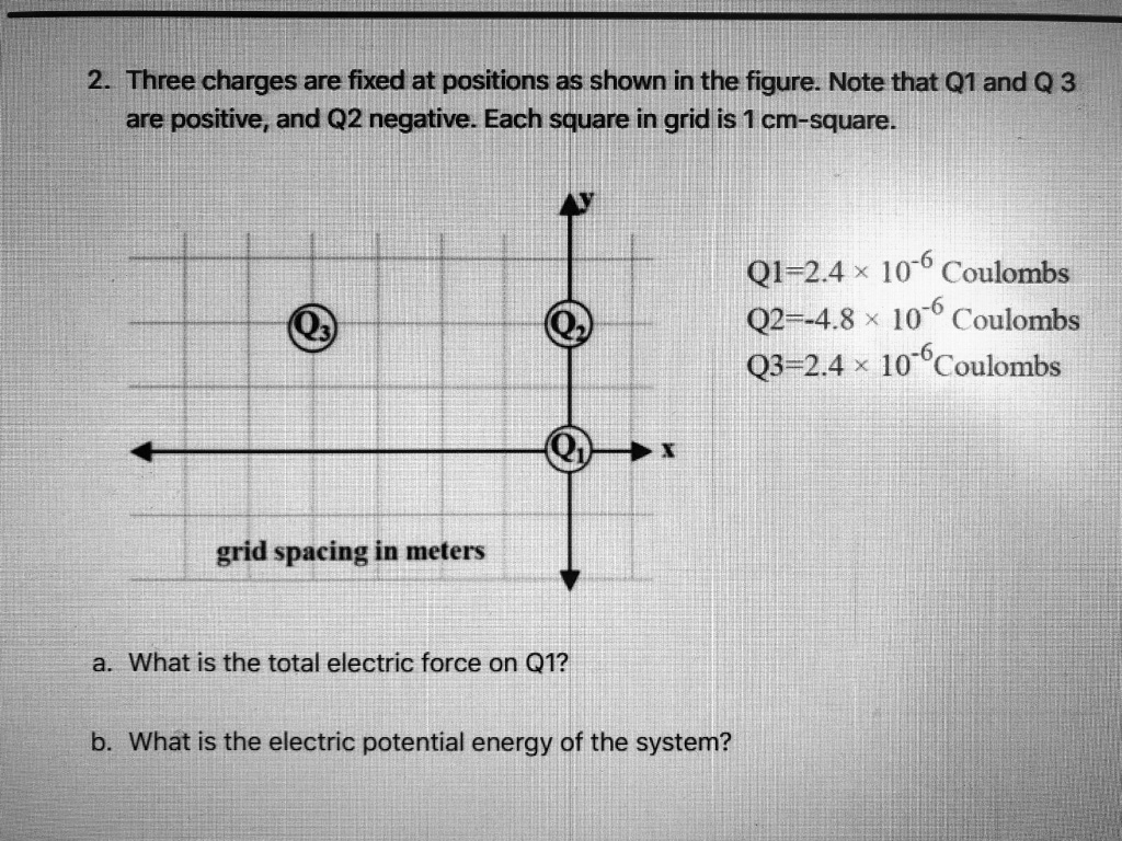 SOLVED: 2 Three charges are fixed at positions as shown in the figure. Note that Q1 and Q 3 are ...