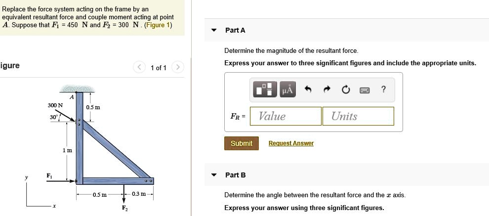 SOLVED: Replace the force system acting on the frame by an equivalent resultant force and couple ...