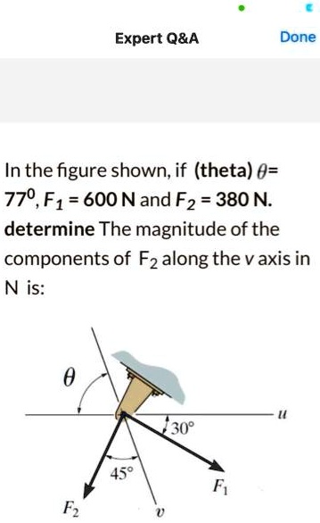 [GET ANSWER] In the figure shown, if (theta) θ = 77^∘, F1 = 600 N and F2 = 380 N. determine The ...