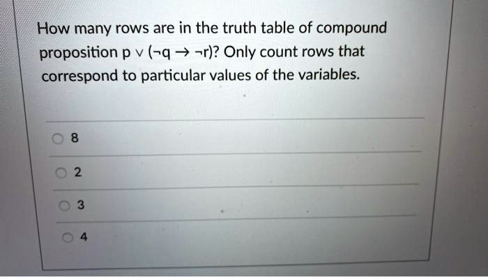 SOLVED: How many rows are in the truth table of compound proposition p v ( q 7 r)? Only count ...