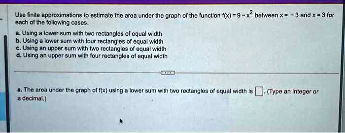SOLVED: a. The area under the graph of f(x) using a lower sum with two rectangles of equal width ...