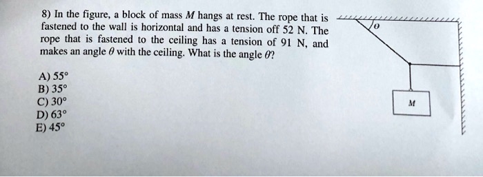 SOLVED: 8) In the figure, block of mass M hangs at rest. The rope that is fastened t0 the wall ...