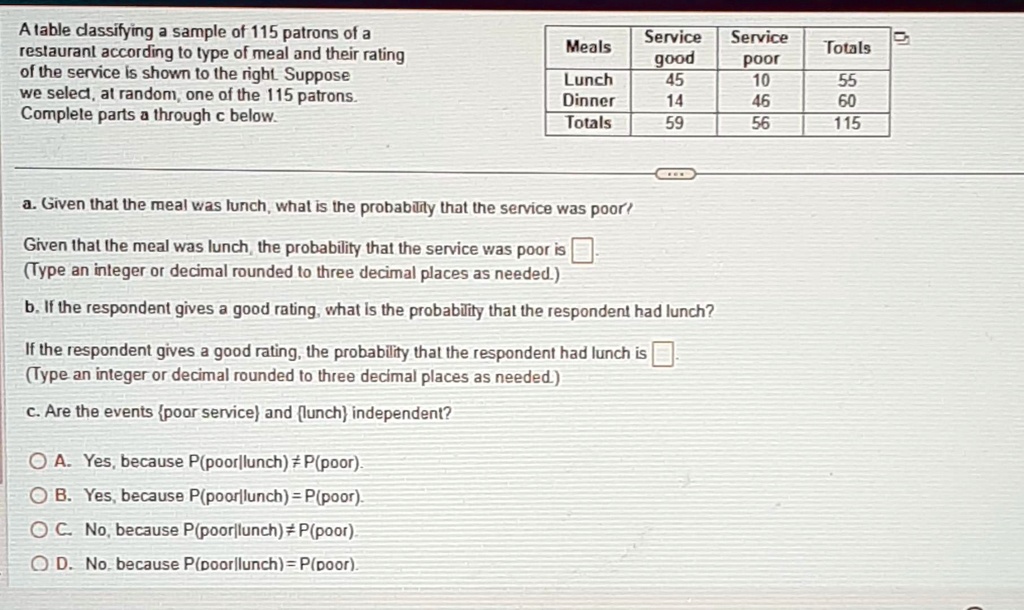 SOLVED: Texts: A table classifying a sample of 115 patrons of a restaurant according to type of ...