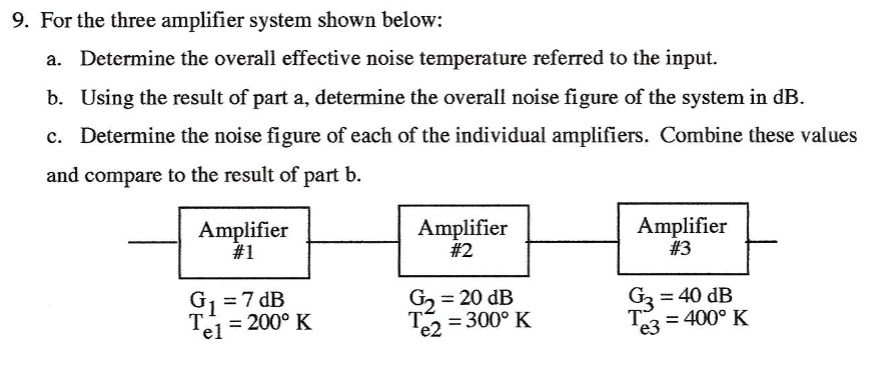 9. For the three amplifier system shown below: a. Determine the overall effective noise ...