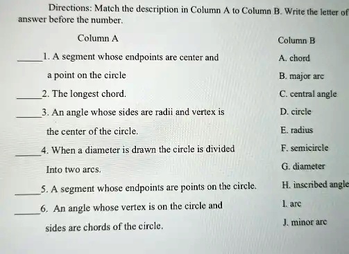 SOLVED: Directions: Match the description in Column answer before the number. Column Write the ...