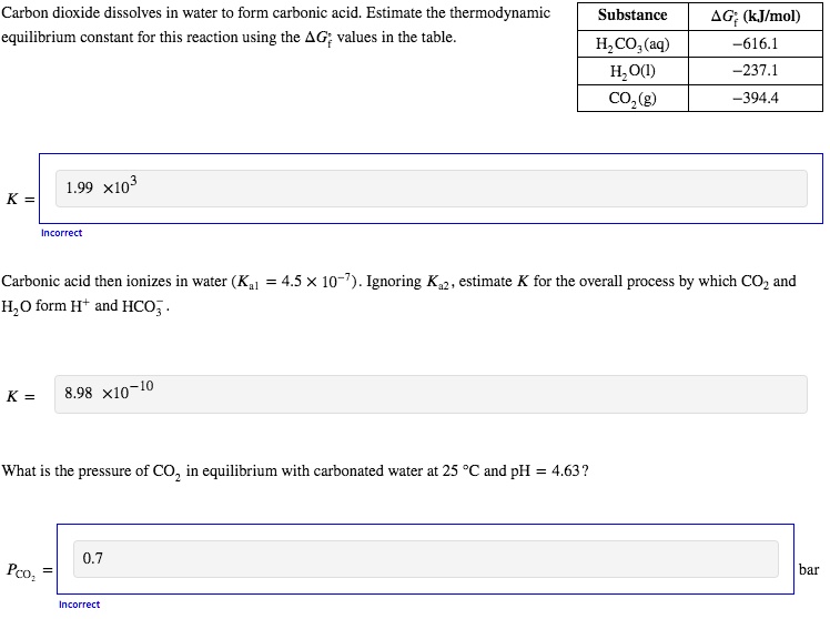 SOLVED: Carbon dioxide dissolves in water to form carbonic acid ...
