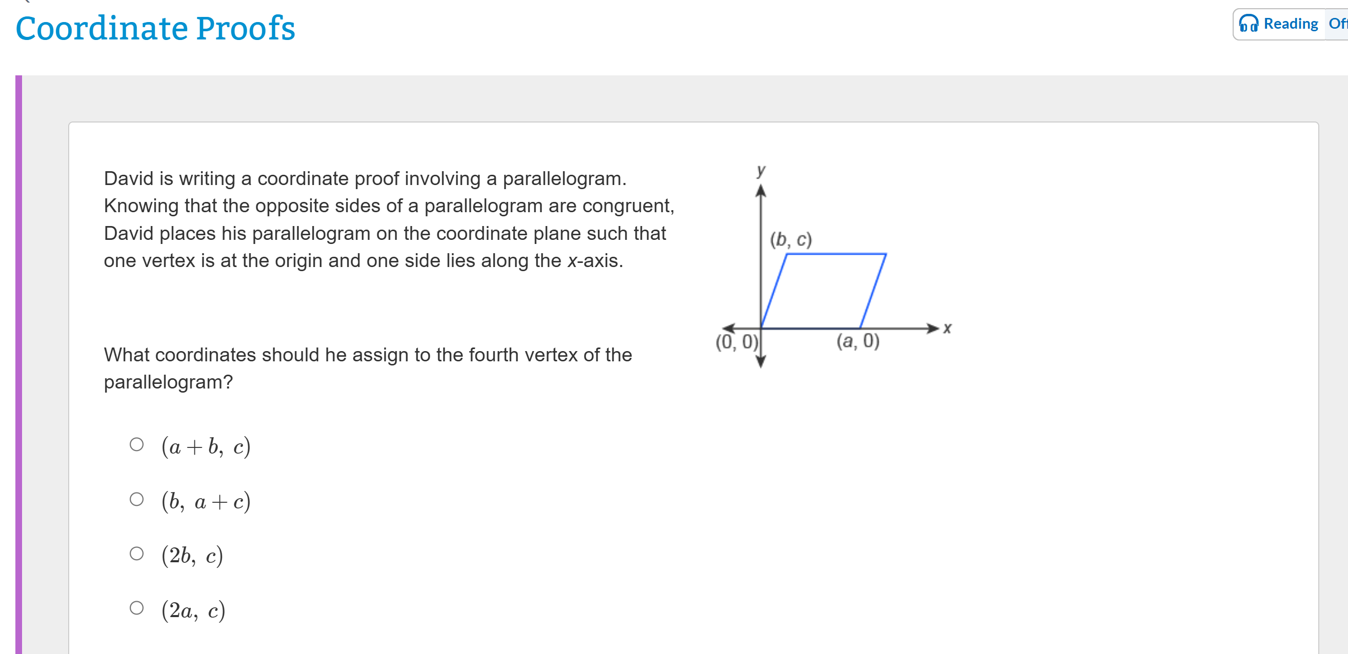 Coordinate Proofs Reading David is writing a coordinate proof involving ...