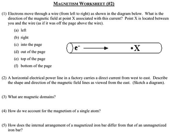 MAGNETISM WORKSHEET (#2) (1) Electrons move through a wire (from left ...