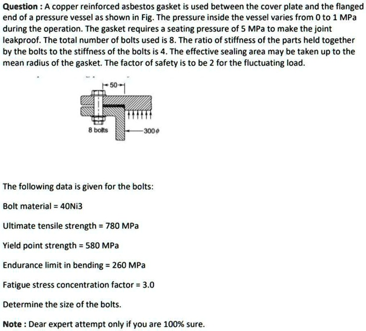 SOLVED: Question: A copper-reinforced asbestos gasket is used between ...