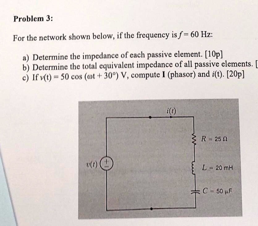 Problem 3: For the network shown below, if the frequency is f = 60 Hz: a) Determine the ...